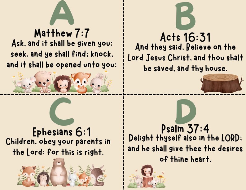 ABC Bible Verse Cards for Kids | Woodland Animal Theme | KJV Scripture ...