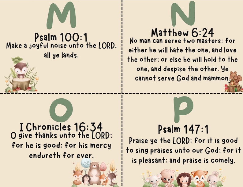 ABC Bible Verse Cards for Kids | Woodland Animal Theme | KJV Scripture ...