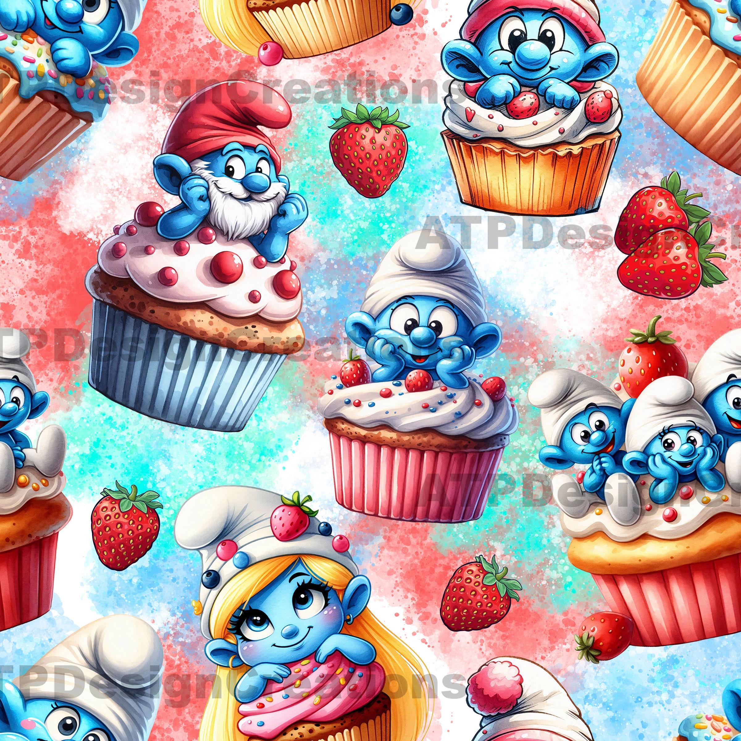 Smurfs Cupcake Seamless Pattern, Smurfs Summer Tumbler, Cartoon ...