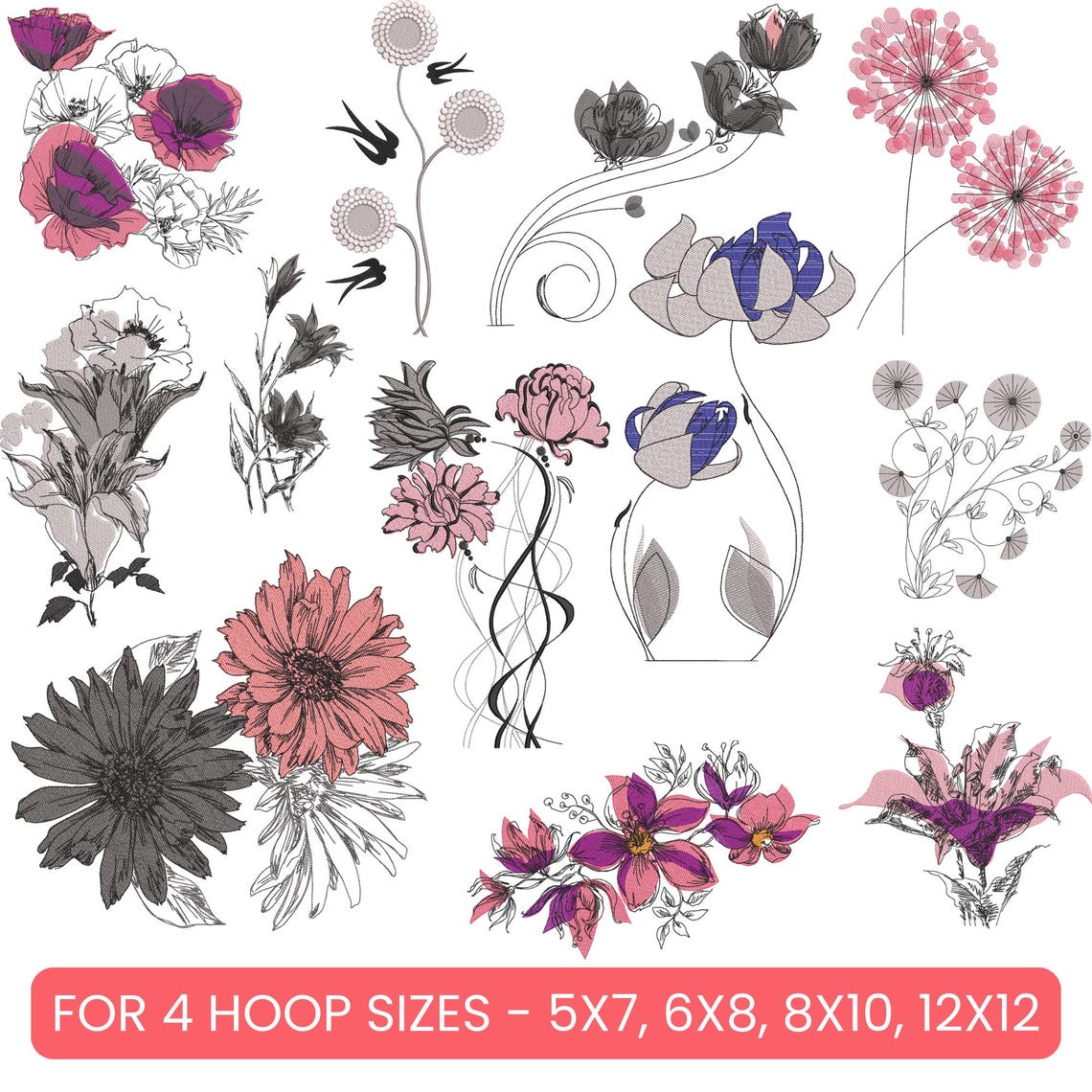 Floral Line Art Embroidery Design Bundle | Sketch Flowers Machine ...