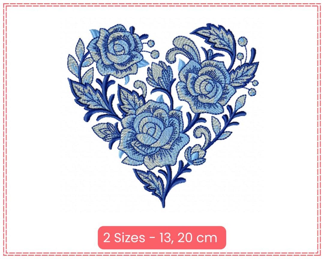 Blue Floral Heart Embroidery Design - 2 Sizes (13 Cm, 20 Cm) - Digital ...