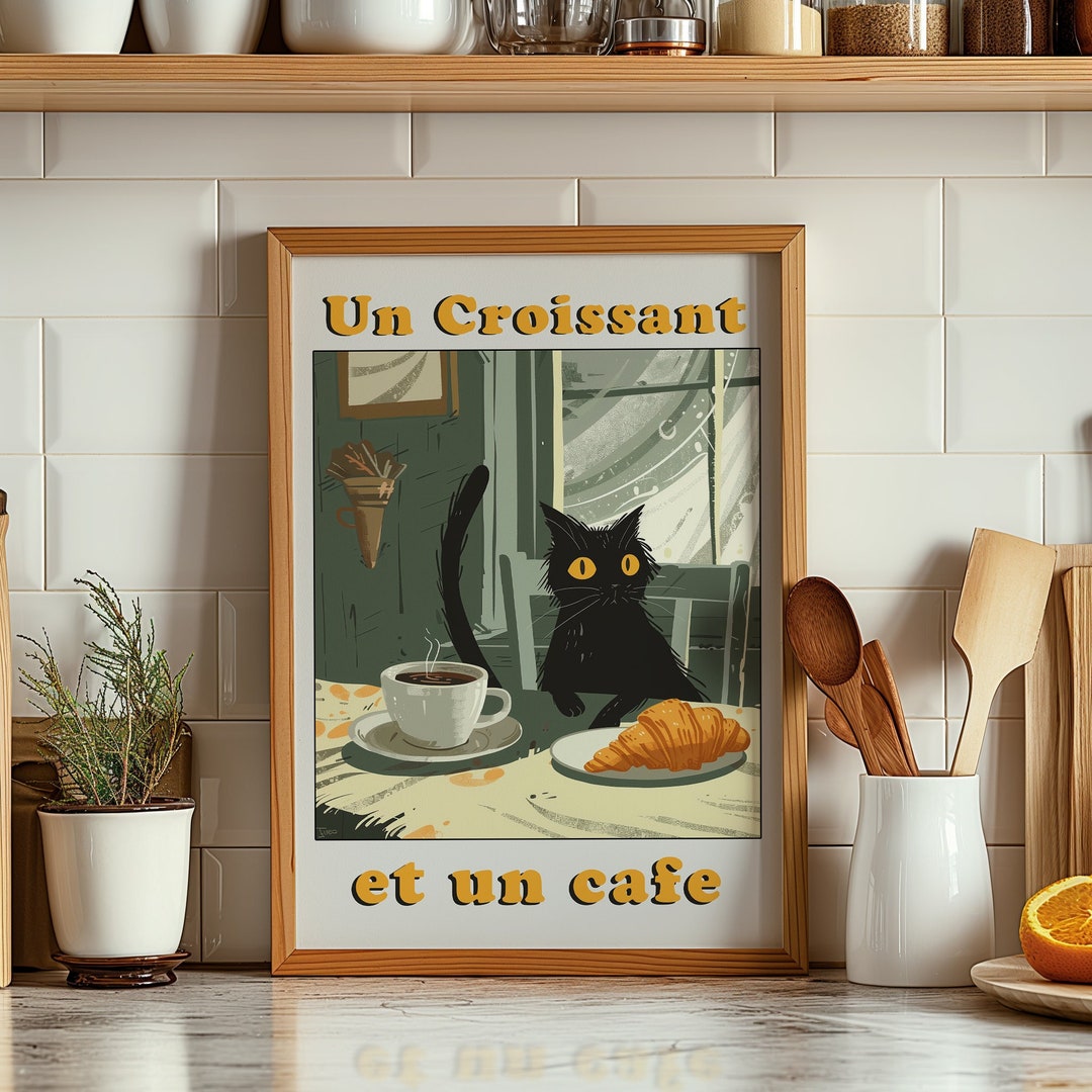French Croissant Cat Print, Coffee Bar Print, Croissant Print, Coffee ...