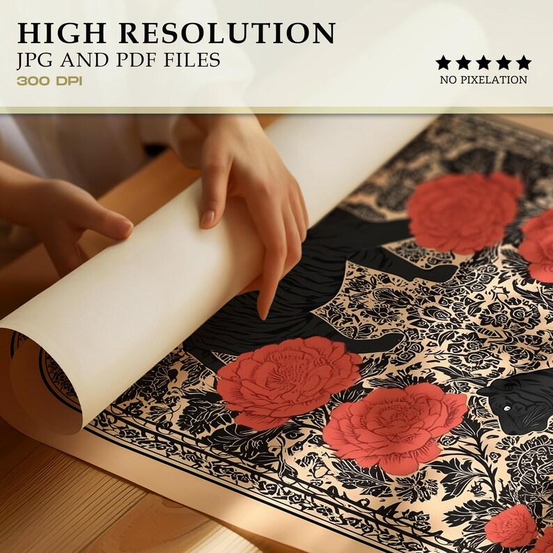 Black Tiger Japanese Print: Red Peony Floral Folk Art (digital Download ...