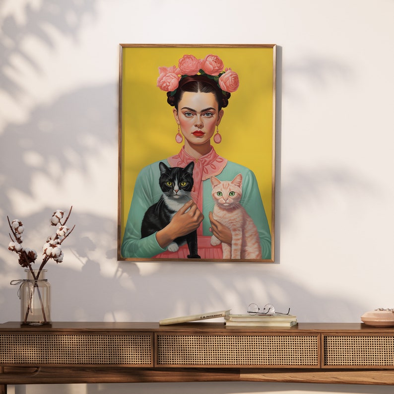 Frida Kahlo Photo With Cute Cats Yellow, Digital Download, Frida Kahlo ...