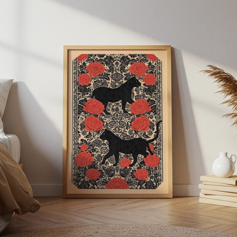 Black Tiger Japanese Print: Red Peony Floral Folk Art (digital Download ...