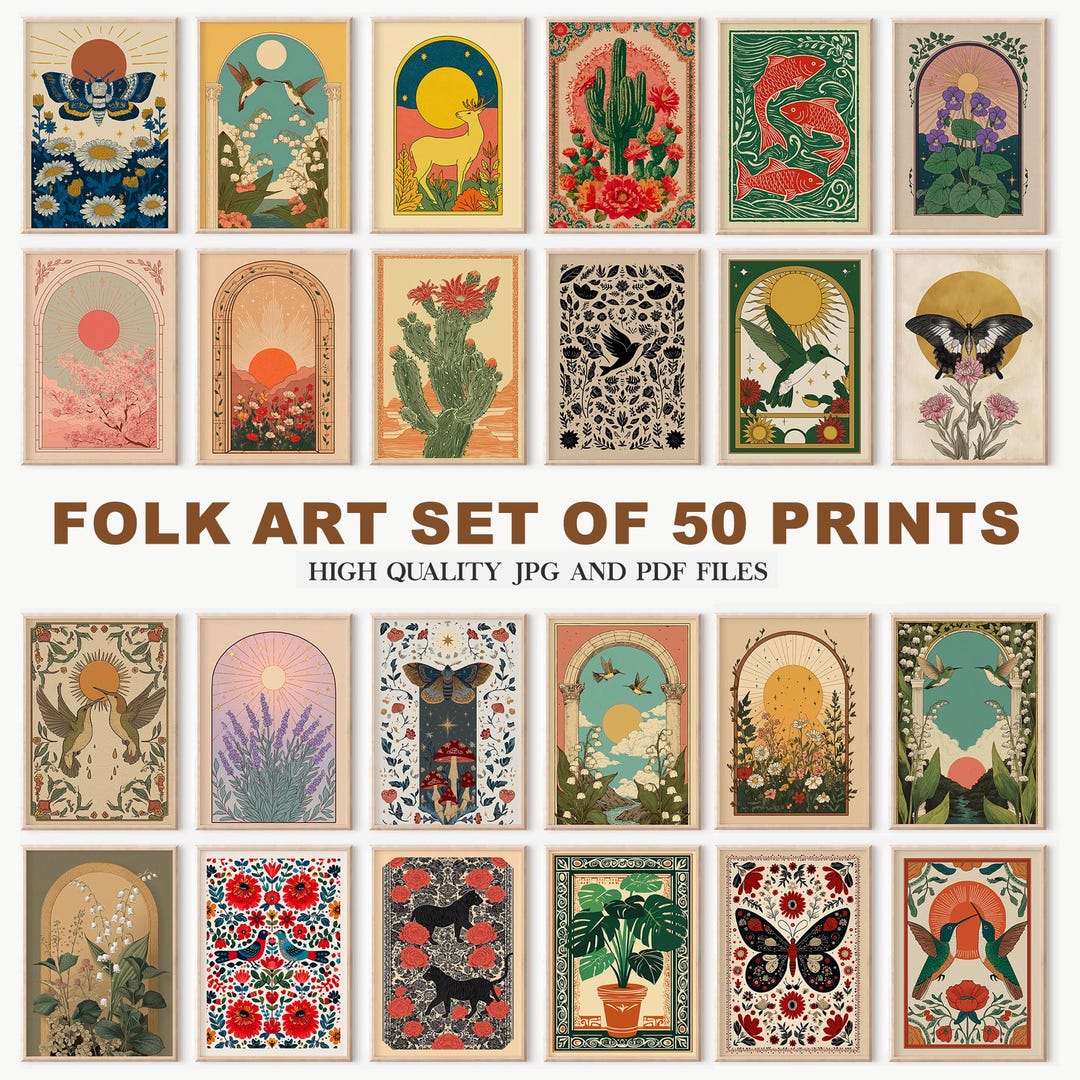 50 Piece Folk Art Prints Set: Scandinavian, Polish & Mexican Decor ...