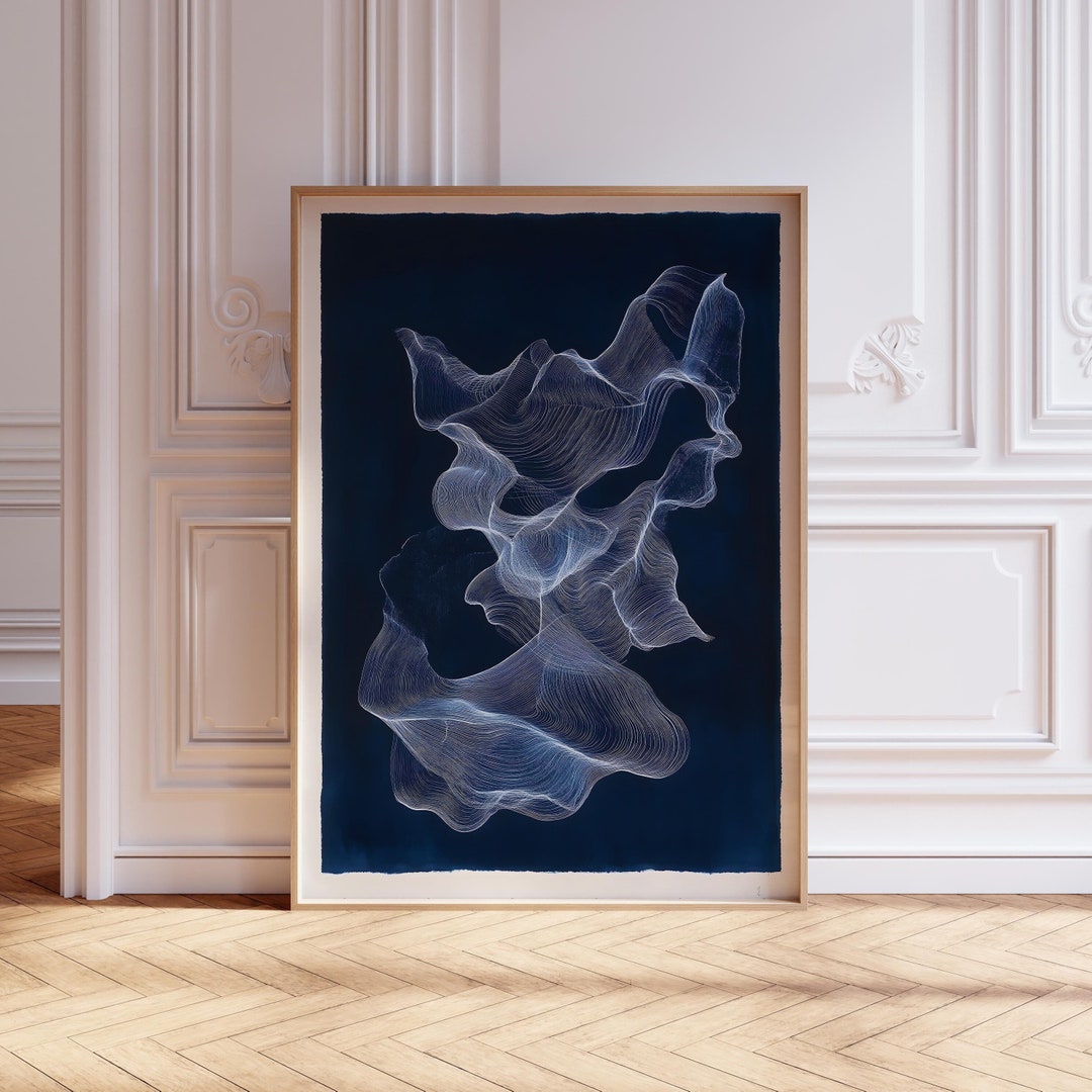 Mid Century Modern Navy Blue Poster, Modern Abstract Art Print, Japandi ...