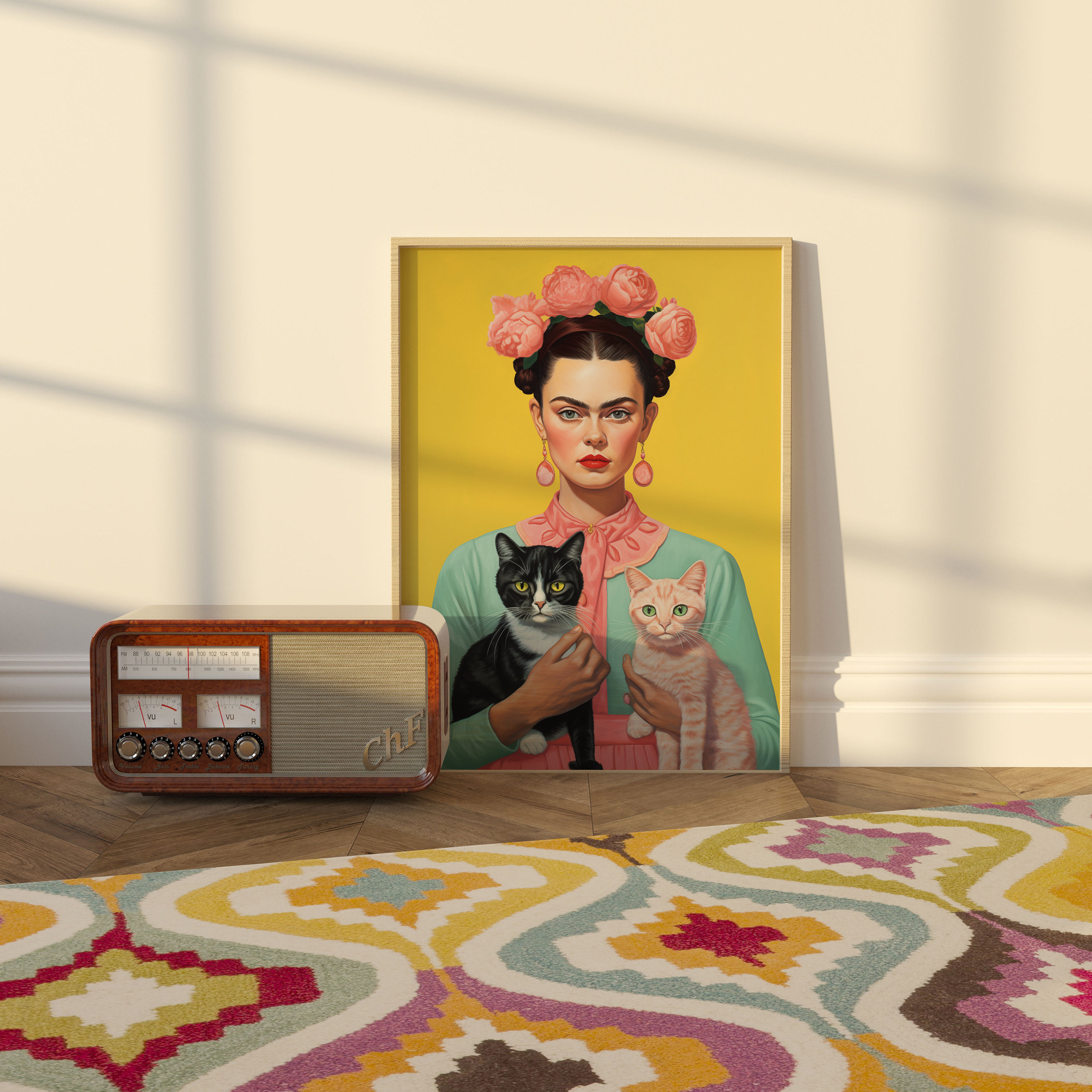 Frida Kahlo Photo With Cute Cats Yellow, Digital Download, Frida Kahlo ...