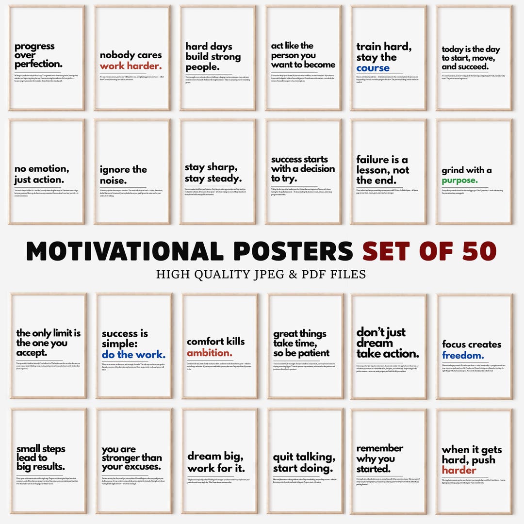 Motivational Posters Set of 50 Prints, Typography Poster, Inspirational ...