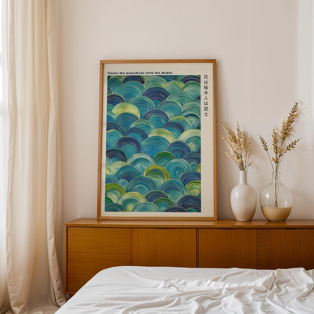 Sage Green and Blue Japanese Woodblock Poster, Japandi Wall Art, Wabi ...