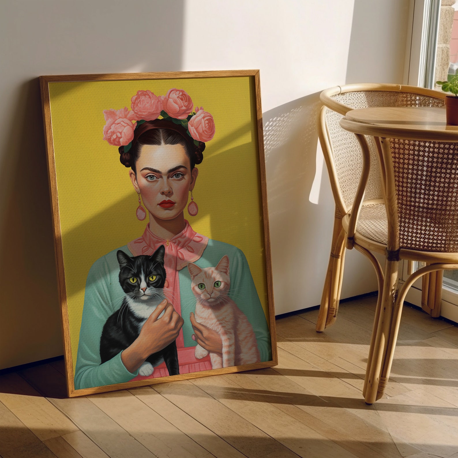 Frida Kahlo Photo With Cute Cats Yellow, Digital Download, Frida Kahlo ...