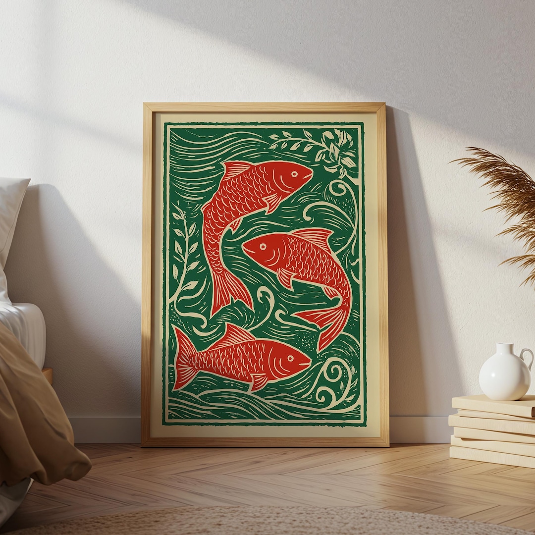 Folk Art Fish Print With Rustic Nautical Style, Red Linocut Fish Poster ...