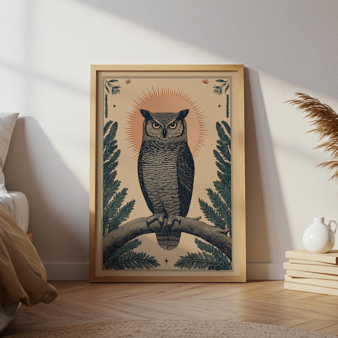 Owl Folk Art Print, Vintage Great Horned Owl Poster, Rustic Forest ...