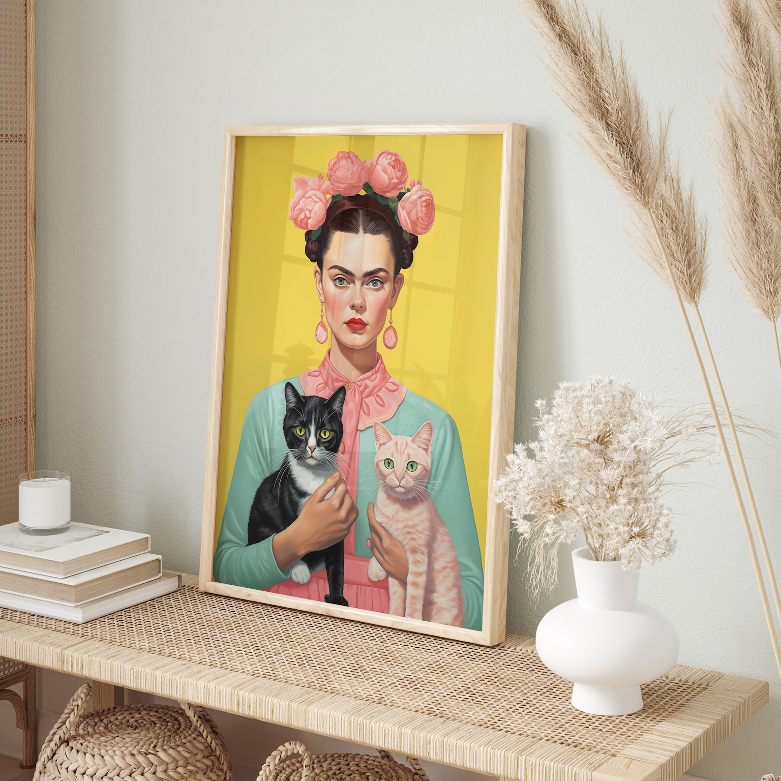 Frida Kahlo Photo With Cute Cats Yellow, Digital Download, Frida Kahlo ...