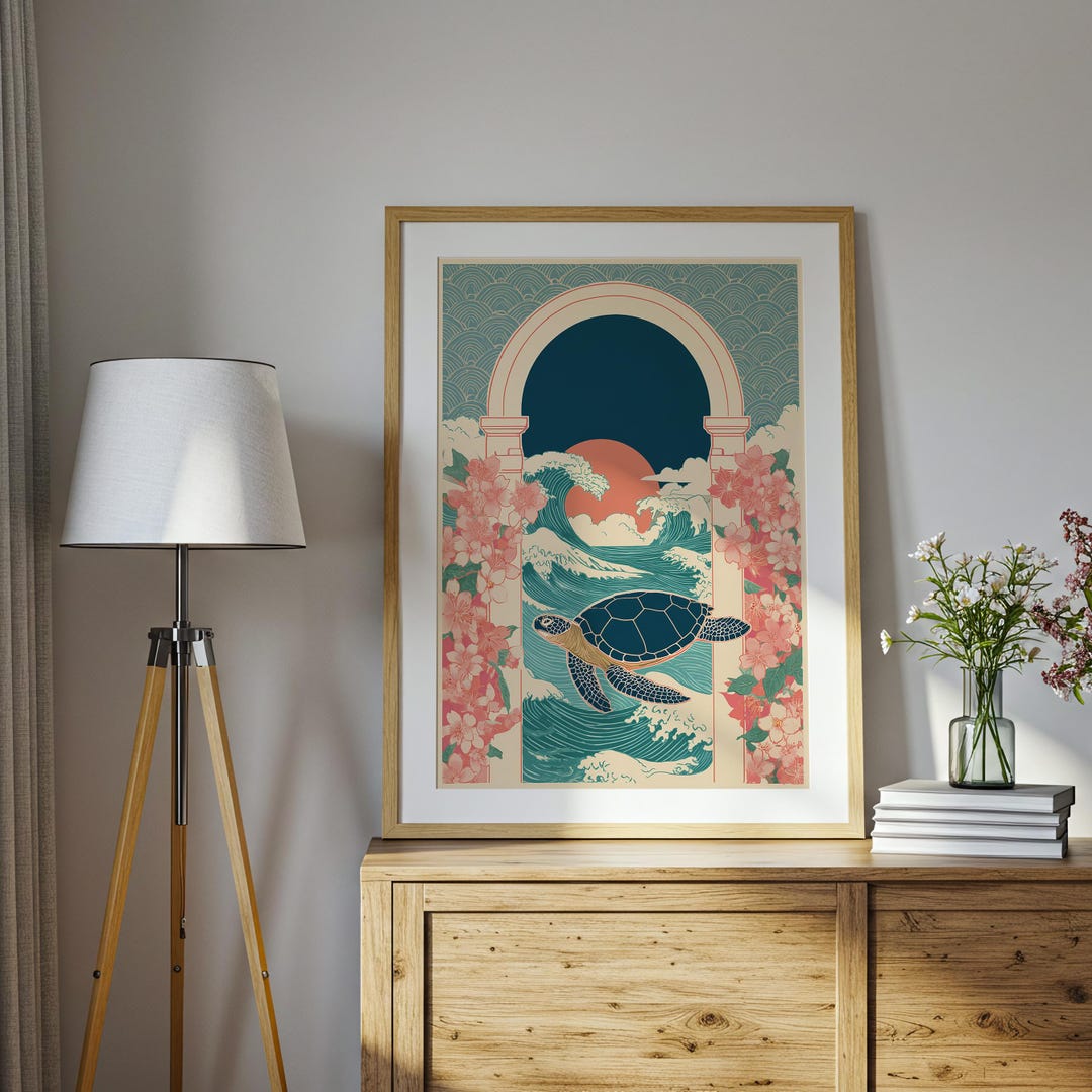 Japanese Sea Turtle Folk Art Print With Cherry Blossoms and Ocean Waves ...