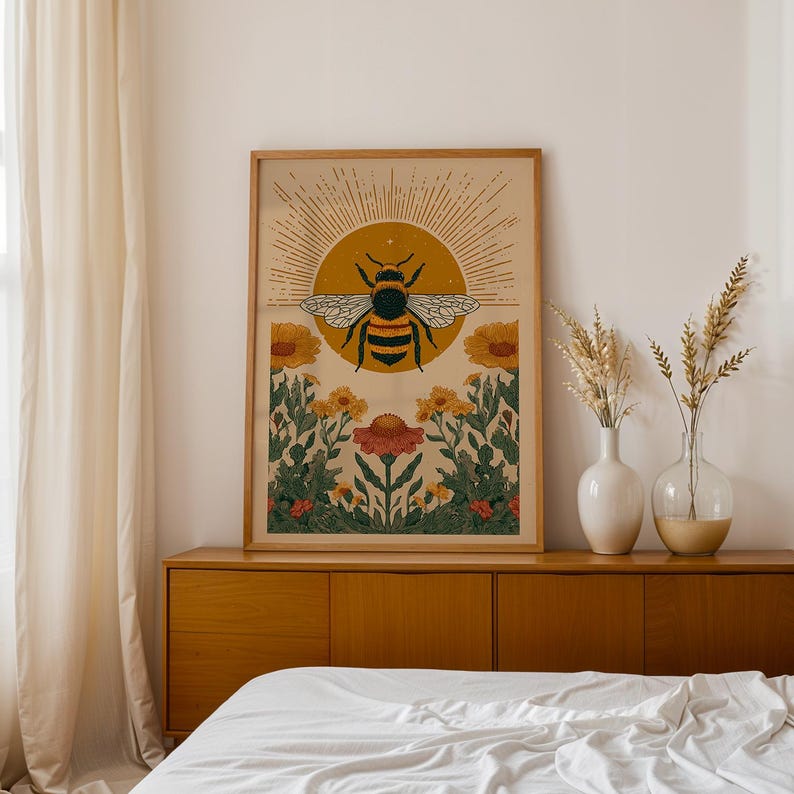 Bee Folk Art Print: Sun, Flowers, Botanical Illustration (PDF & JPG ...