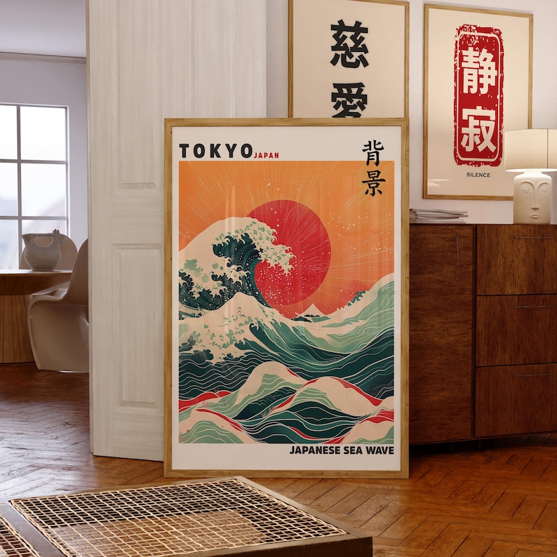 Japanese Sea Wave Poster, Tokyo Wall Art With Red Sun, Modern Great ...