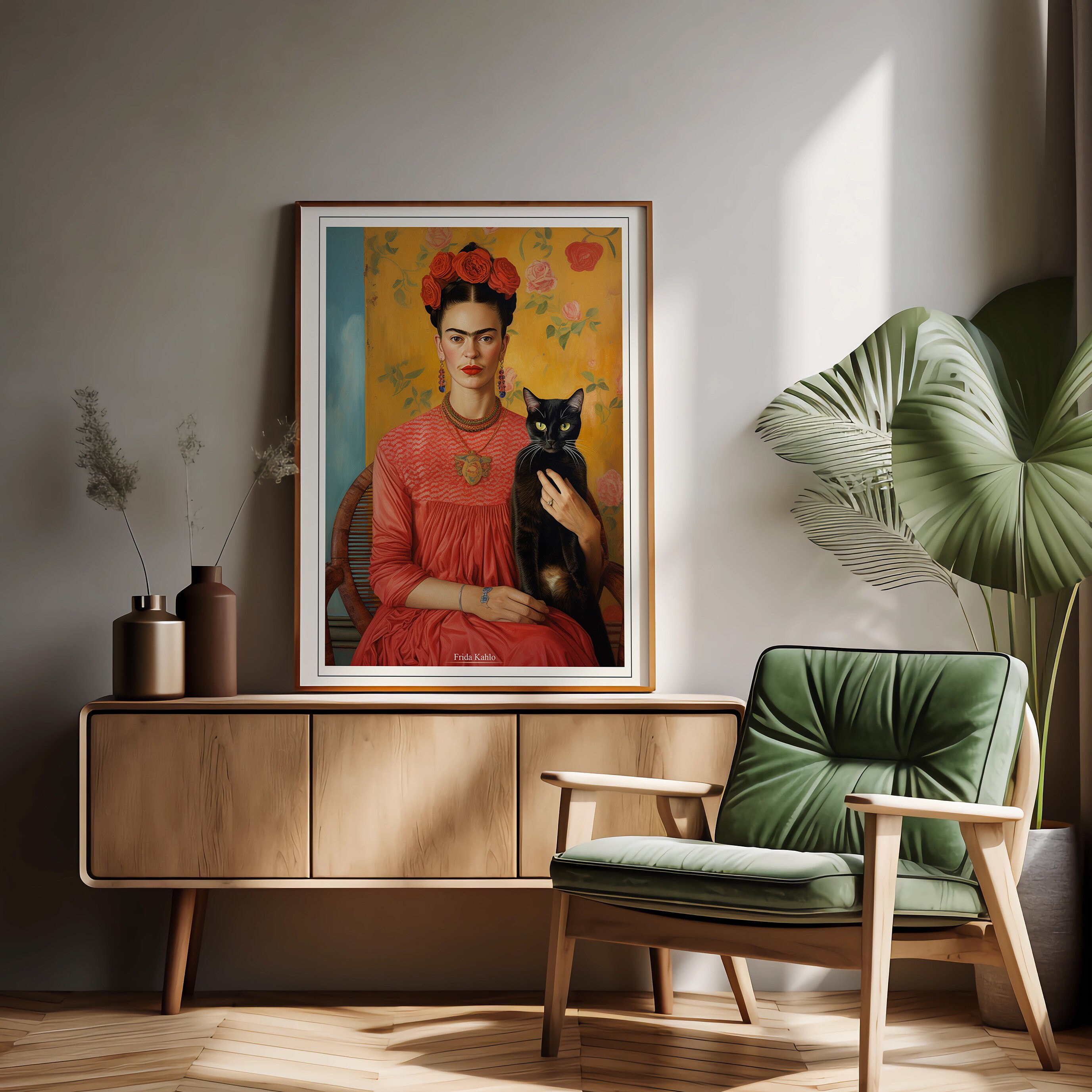 Frida Kahlo Portrait With Black Cat, Feminist Art Print, Digital ...