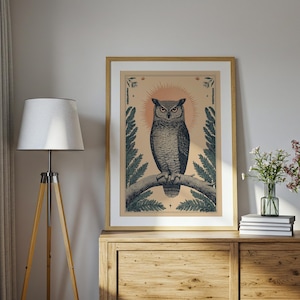 Owl Folk Art Print, Vintage Great Horned Owl Poster, Rustic Forest ...
