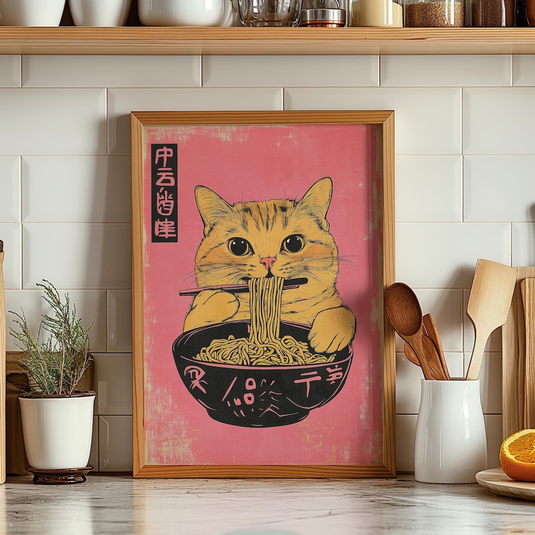 Cat Eating Ramen Wall Art, Retro Japanese Kitchen Wall Art, Noodle ...