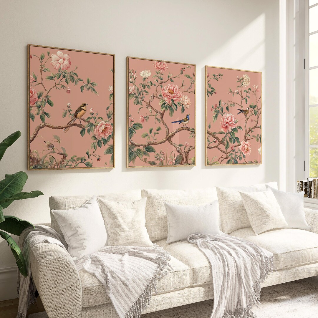Vintage Pink Chinoiserie Bird Wall Art Set, Traditional Botanical ...