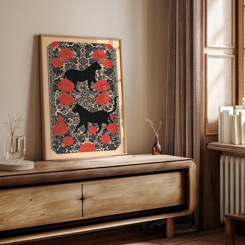 Black Tiger Japanese Print: Red Peony Floral Folk Art (digital Download ...