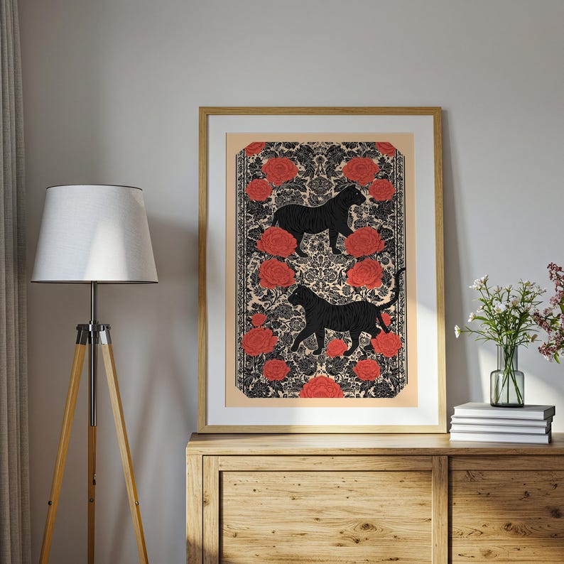 Black Tiger Japanese Print: Red Peony Floral Folk Art (digital Download ...