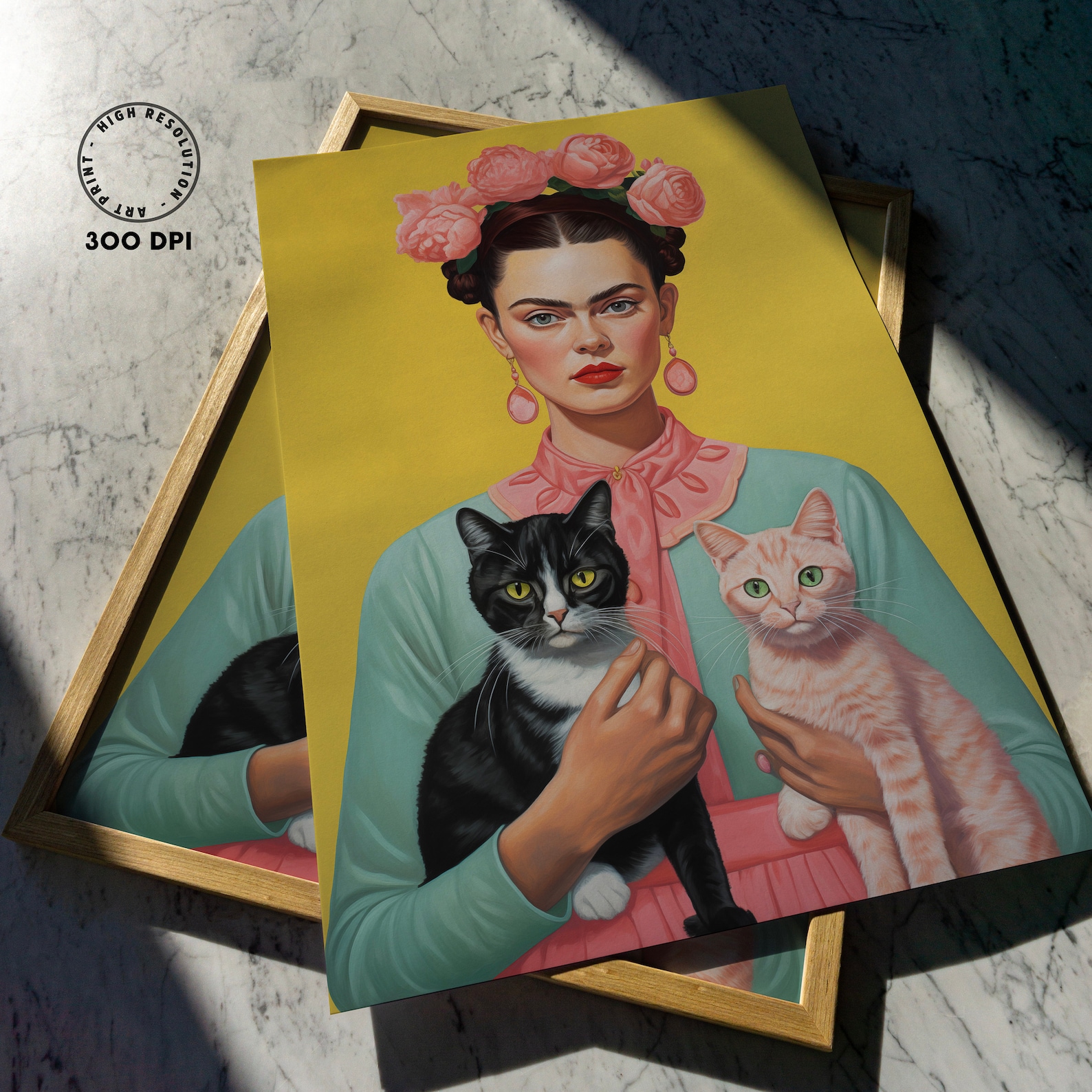 Frida Kahlo Photo With Cute Cats Yellow, Digital Download, Frida Kahlo ...