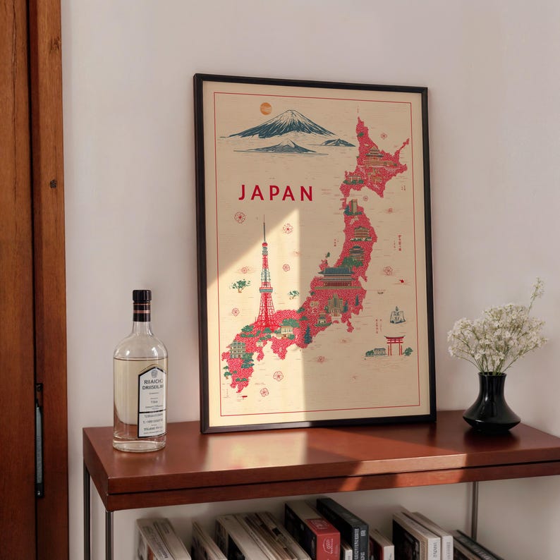 Japan Map Poster, Illustrated Japanese Landmarks Print, Fuji and Tokyo ...