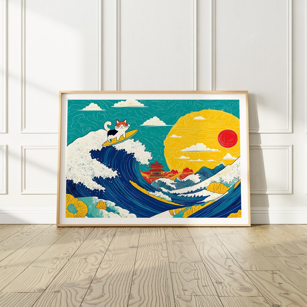 The Great Wave With a Surfing Cat Poster, Hoksai Print, Japanese Wall ...