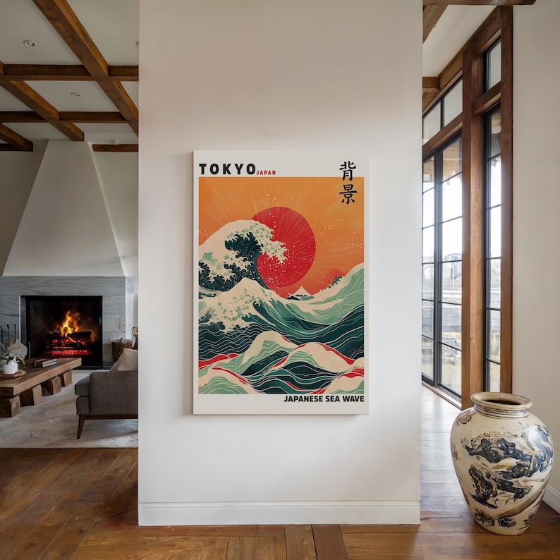 Japanese Sea Wave Poster, Tokyo Wall Art With Red Sun, Modern Great ...