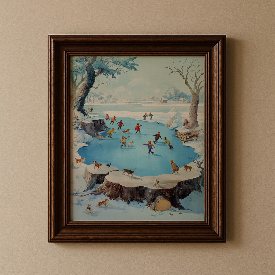 Vintage Winter Ice Skating Print, Children Playing on Frozen Lake Art ...