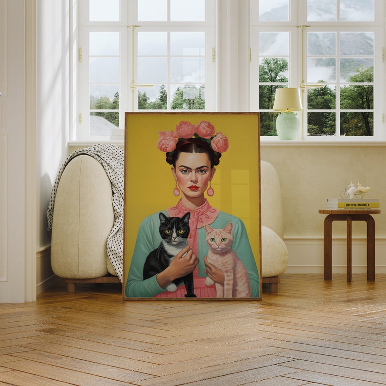 Frida Kahlo Photo With Cute Cats Yellow, Digital Download, Frida Kahlo ...