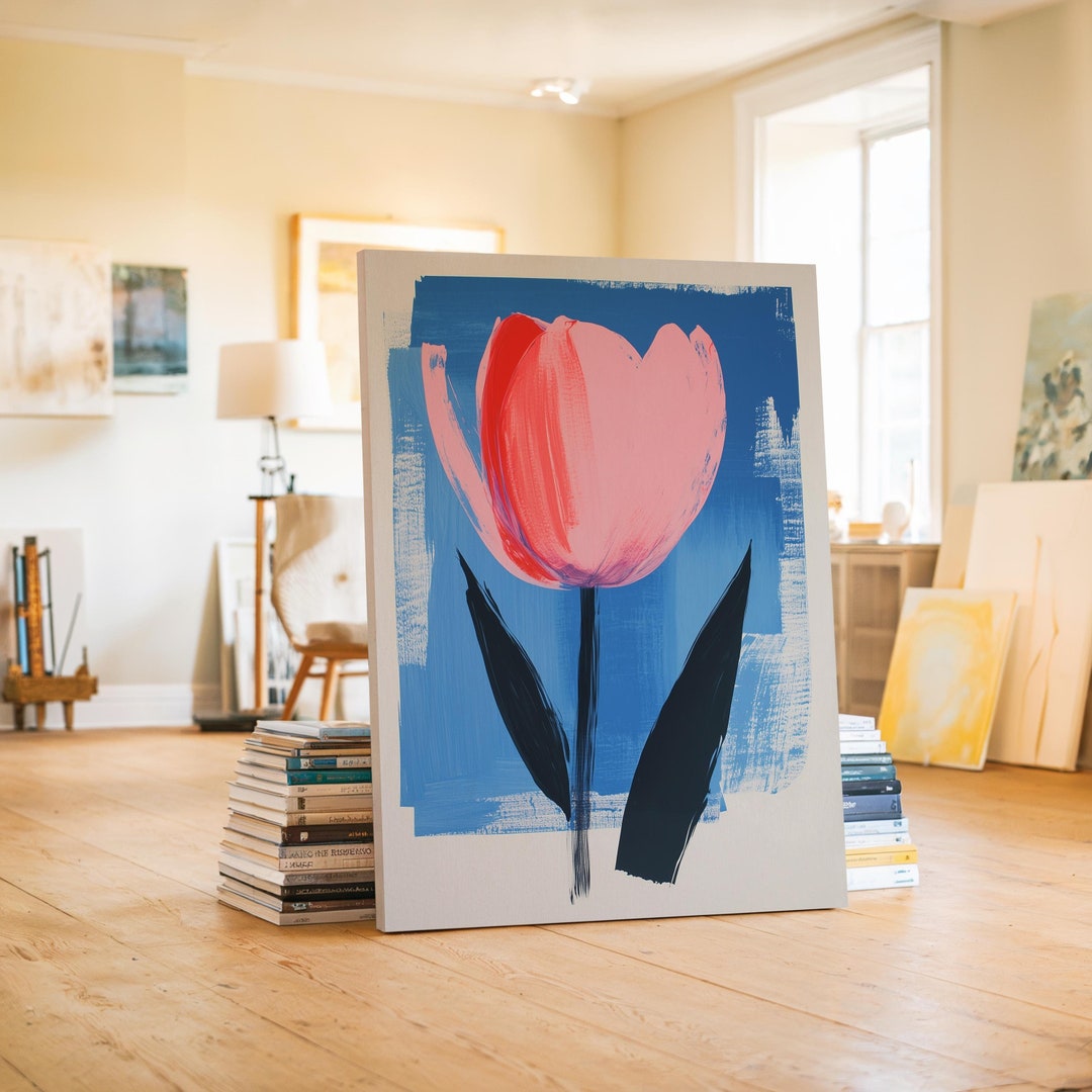 Abstract Pink Tulip Poster, Danish Pastel Blue Background, Flower ...