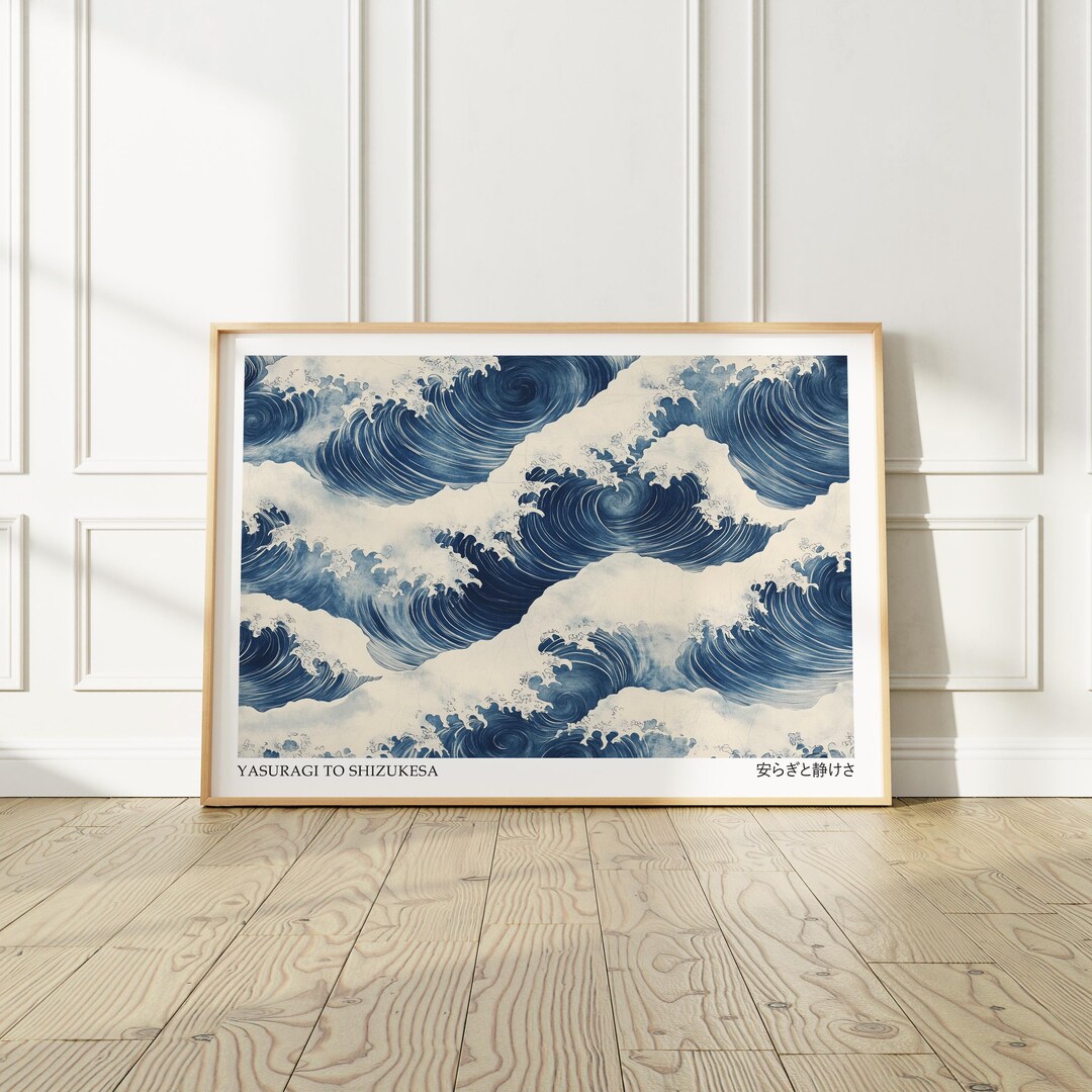 Blue Japandi Wall Art Print, Blue Waves Japanese Poster, Wabi Sabi Wall ...