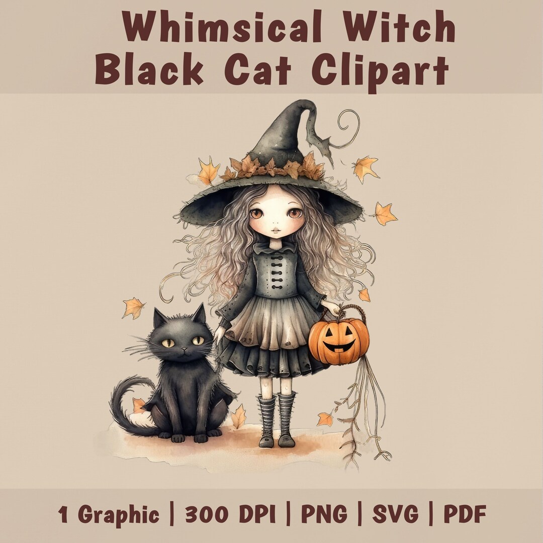 Whimsical Witch & Black Cat Clipart SVG, PNG, PDF for Crafters and ...