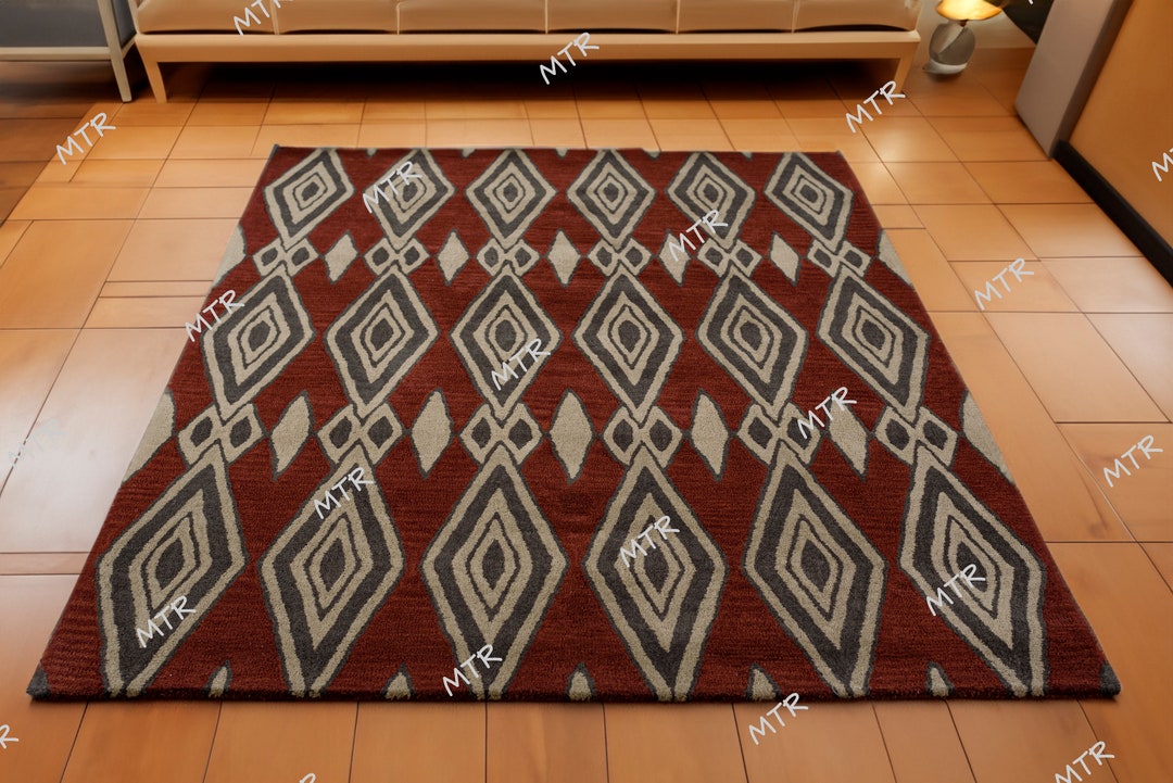 Hand Tufted Rust Diamond Designed Color Wool Rug, Hand Tufted Solid Rug ...