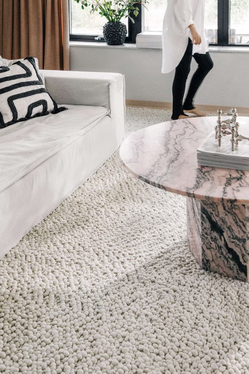 Hand Knotted Chunky Wool Rug Pulka Dot Woven High Pile Rug Beige Hand ...