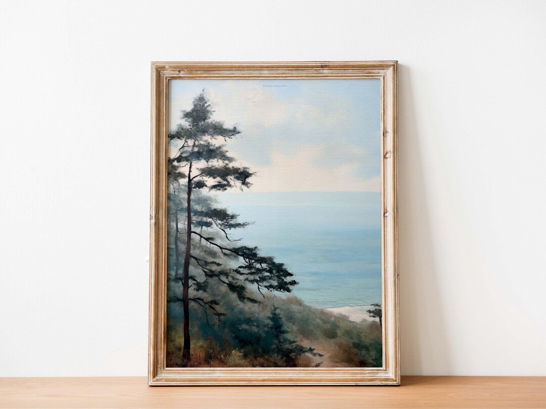 Vintage Coastal Pine Tree Print: Serene Seaside Landscape (digital ...