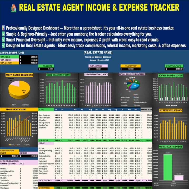 Real Estate Agent Spreadsheet: Income, Expenses & Commission (excel) - Etsy
