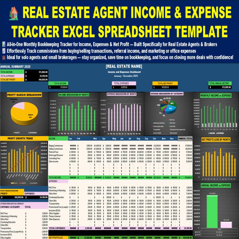 Real Estate Agent Income & Expense Tracker: Excel Spreadsheet Template ...