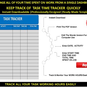 Task Tracker Work Template Tracker Printable Time Task Work Task ...