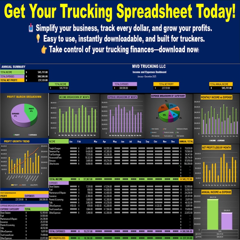 Trucking Bookkeeping Spreadsheet | Excel Template for Truckers | Track ...