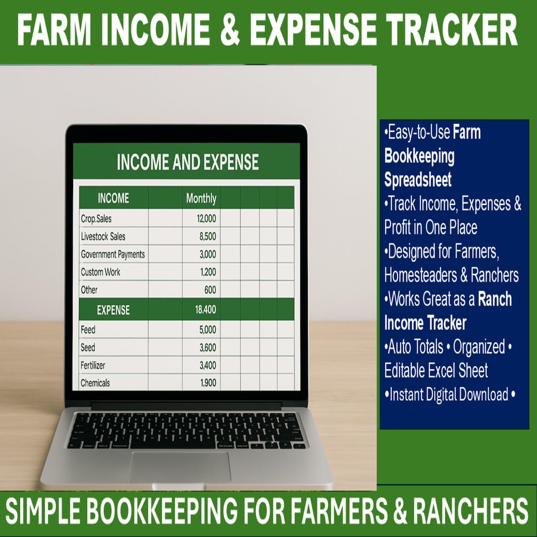 Farm Income & Expense Tracker | Excel Bookkeeping Spreadsheet for ...