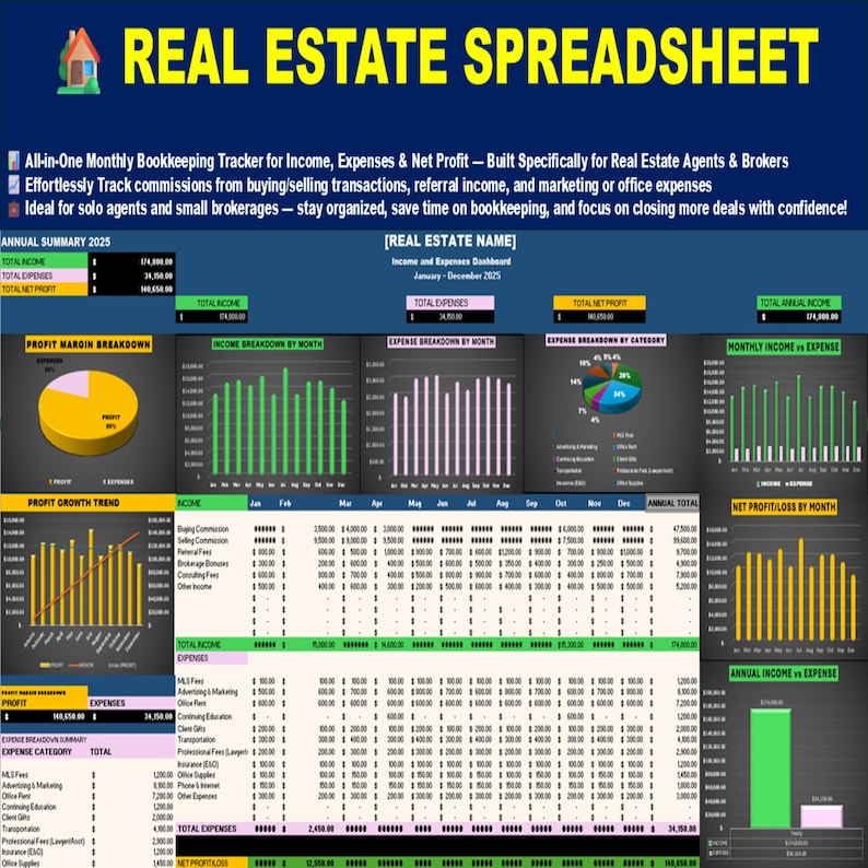 Real Estate Agent Spreadsheet: Income, Expenses & Commission (excel) - Etsy