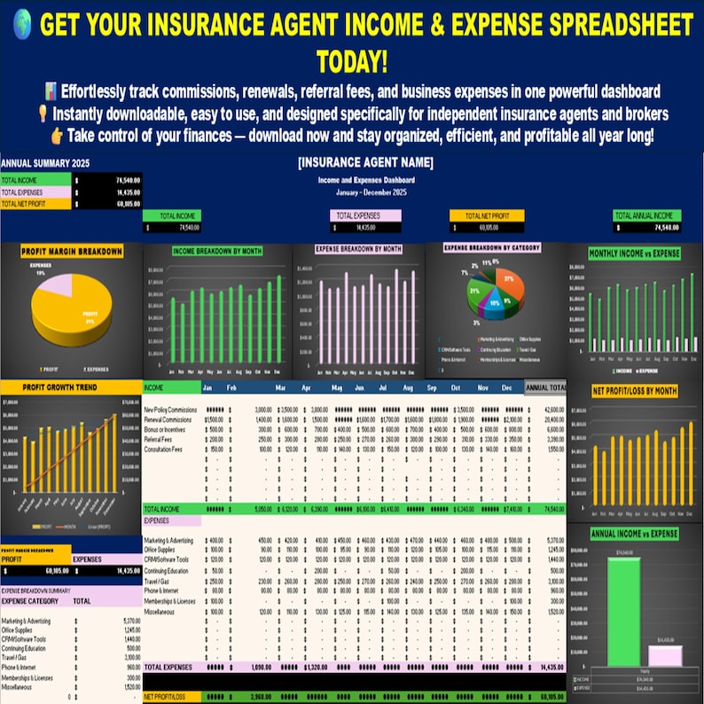 Insurance Income Expense Tracker – Excel Spreadsheet for Agents ...