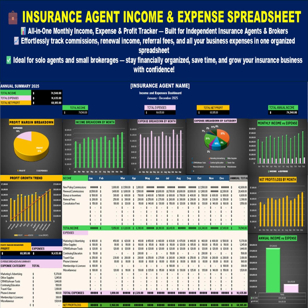 Insurance Income Expense Tracker – Excel Spreadsheet for Agents ...