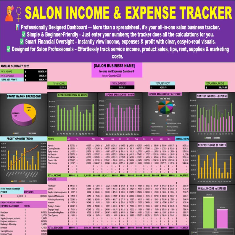 Salon Bookkeeping Spreadsheet: Income & Expense Tracker (digital ...