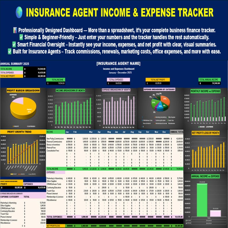 Insurance Income Expense Tracker – Excel Spreadsheet for Agents ...