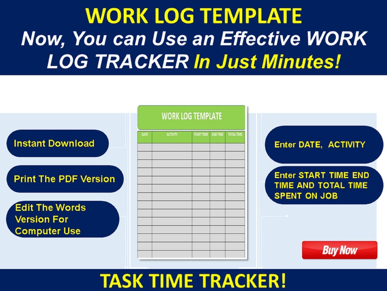 10 Work Log Template Tracker Printable Time Task Work Task Tracker Time ...
